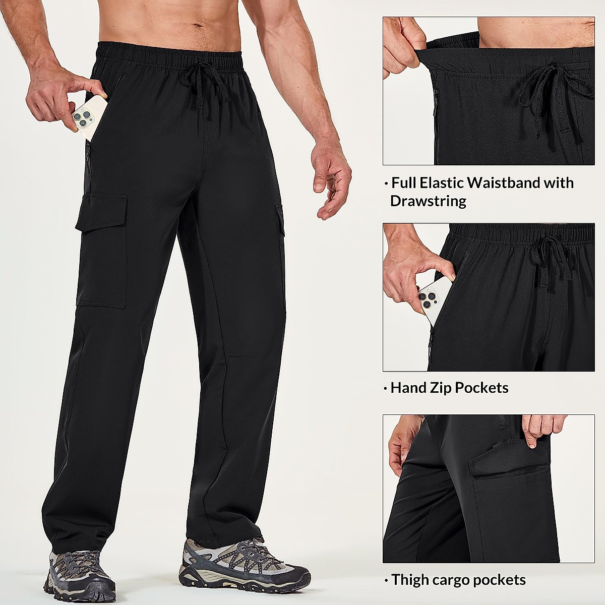 BALEAF Men's Hiking Pants Waterproof Lightweight Quick Dry Cargo Travel Elastic Waist Strentch Straight Leg UPF 50+ for Work Athletic Black Size M
