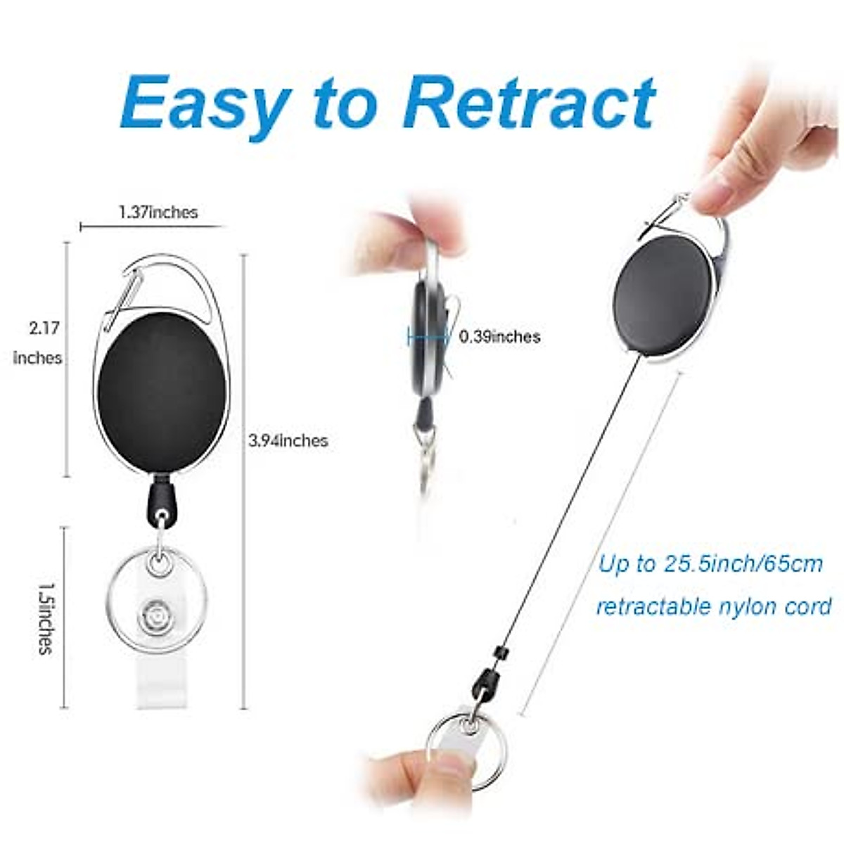 2 Packs Heave Duty Retractable Badge Reels with Carabiner Belt Clip and Key Ring, Badge Holders for ID Card Holders with 26.5 Inch Pull Cord (Black)