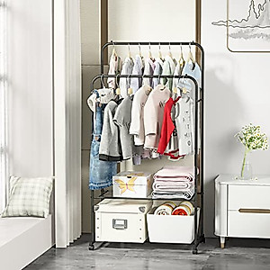 MOUTIK Double Rod Clothing Hanging Rack: Metal Rolling Garment Organizer Hanger with 2 Tier Storage Shelves - Industrial Rail Hang Clothes Display Stand on Wheels for Coat Dress Bedroom Black