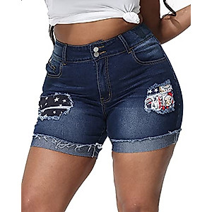 Rubugil Women's Plus Size Casual Denim Shorts High Waisted Stretchy American Flag Patched Folded Hem Jean Shorts Dark Blue 16W