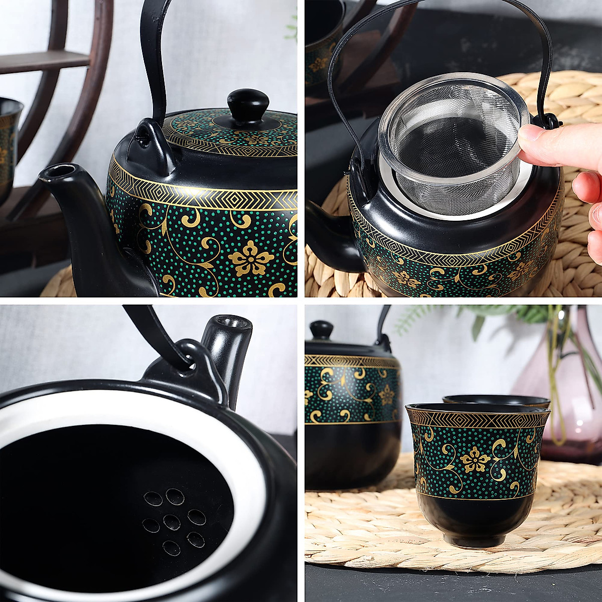 fanquare Japanese Porcelain Tea Set, Handmade Kungfu Teapot with 6 Cups, Large Black TeaPot with Gold Flowers Pattern