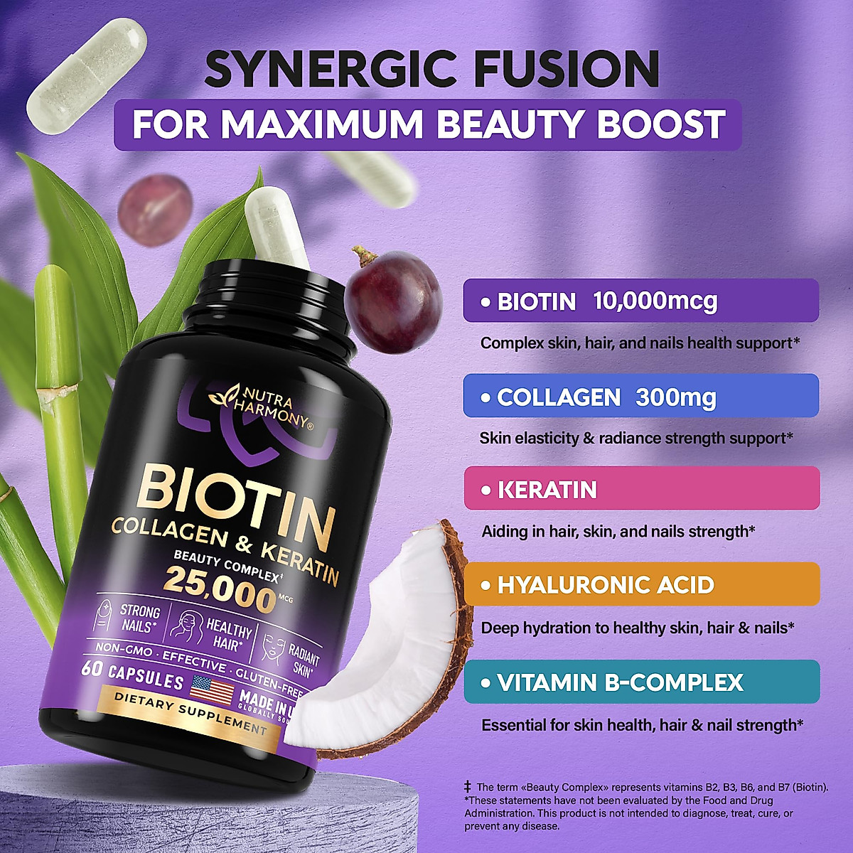 Biotin | Collagen | Keratin | Hyaluronic Acid - Hair Growth Support Supplement | Skin & Nails Beauty Complex 25000 mcg - B1 | B2 | B3 | B6 | B7 - Made in USA - For Women & Men | 60 Capsules
