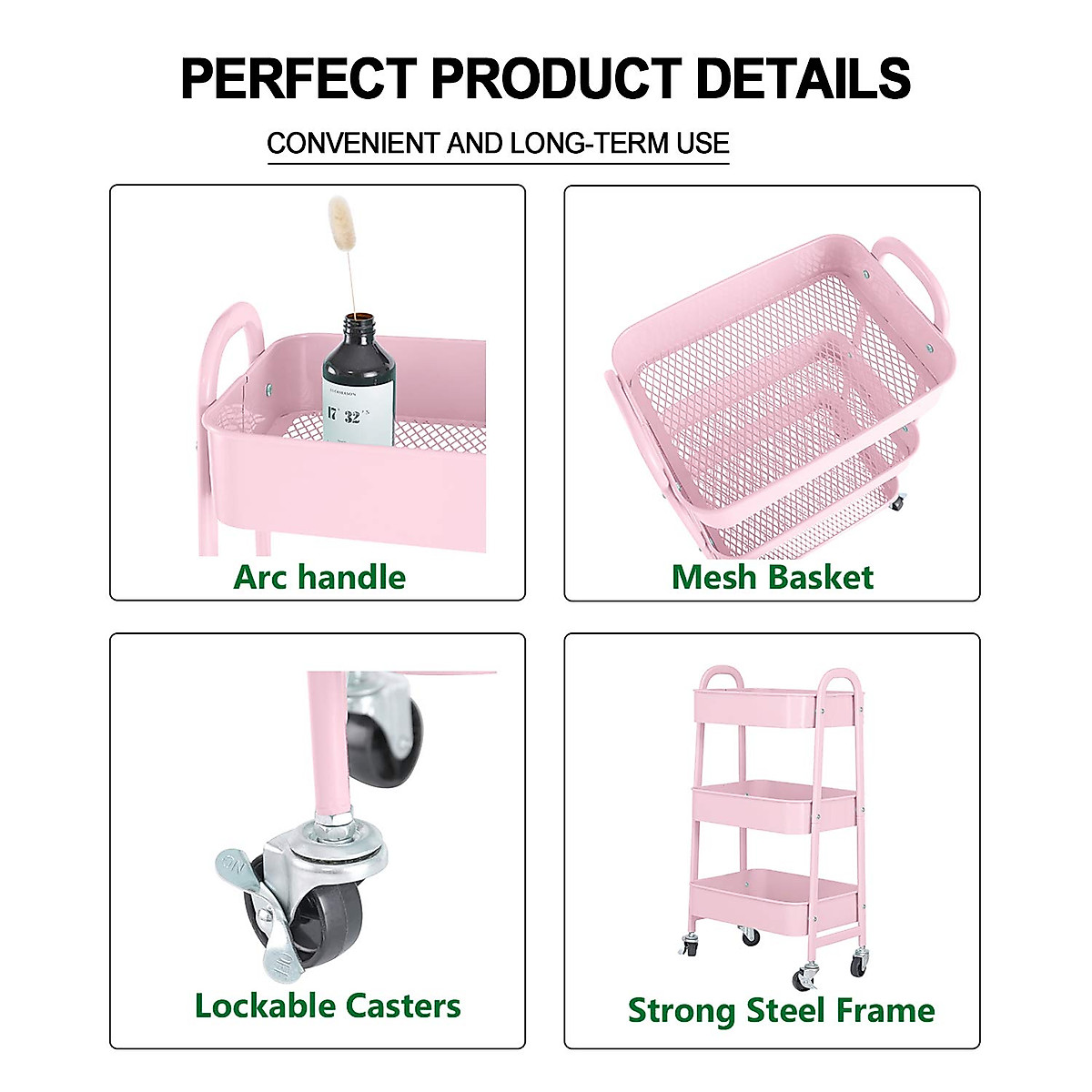 3-Tier Metal Mesh Utility Rolling Cart Storage Organizer with Wheels, Black