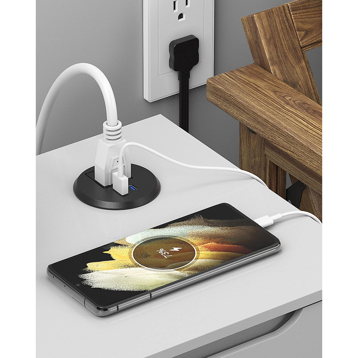 2 inch Desktop Power Grommet with PD 20W USB C,Ultra Thin Flat Plug Power Strip,Recessed Outlet,Slim Outlet Extender for Office,Table Outlets for Home, Office,6 ft Cable(Black)