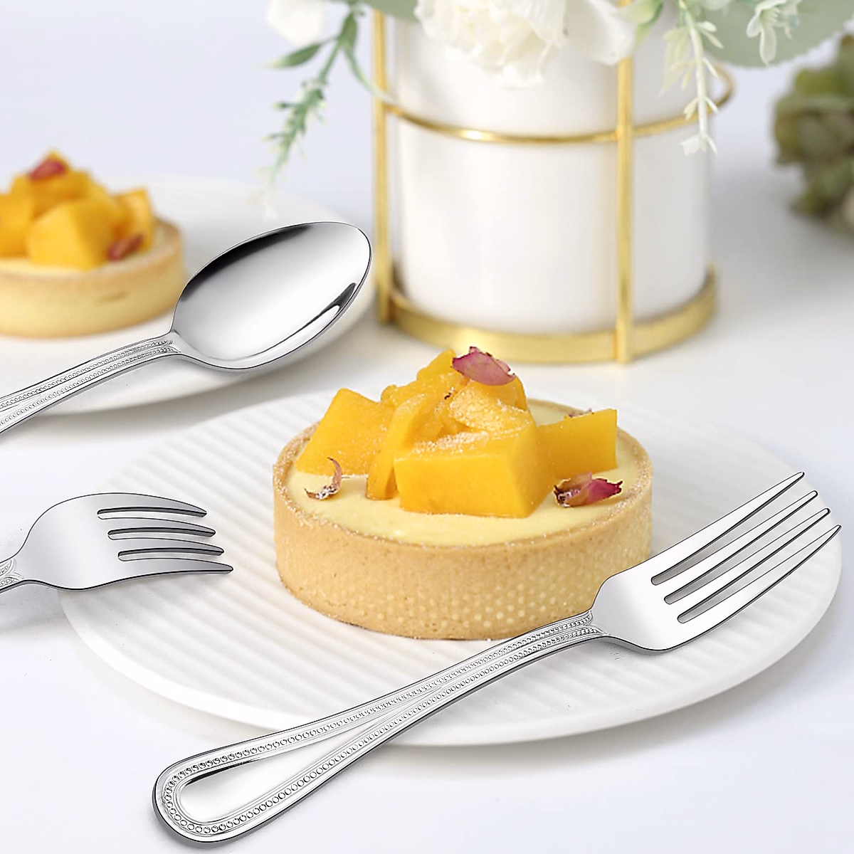 E-far 60-Piece Silverware Set for 12, Stainless Steel Flatware Cutlery Set with Pearled Edge, Include Forks Spoons and Knives, Modern Tableware Eating Utensils for Kitchen Restaurant, Dishwasher Safe