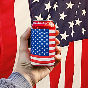 12 PCS Can Cooler Sleeves - American Flag Soda Beer Drink Coolies - Insulated Collapsible Cooler Holder to Glass or Bottle for American Independence Day, National Day (USA Flag Horizontal + Star Blue)