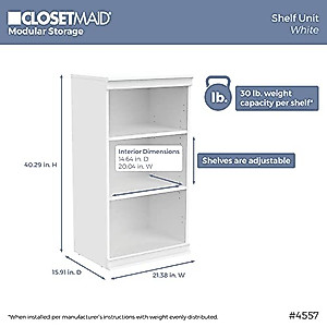 ClosetMaid Modular Storage Shelf Unit with 3 Shelves, Wood Closet Organizer Adjustable, Stacking, Full Backer, Decorative Trim, White, 40.29 H x 21.39 in. W x 15.91 in. D
