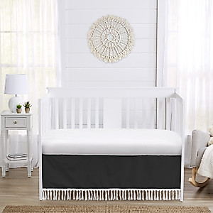 Sweet Jojo Designs Black Boho Bohemian Boy or Girl Baby Crib Bed Skirt Nursery Dust Ruffle - Solid Color White Farmhouse Chic Unisex Minimalist Tassel Fringe Macrame Gender Neutral Unisex Textured