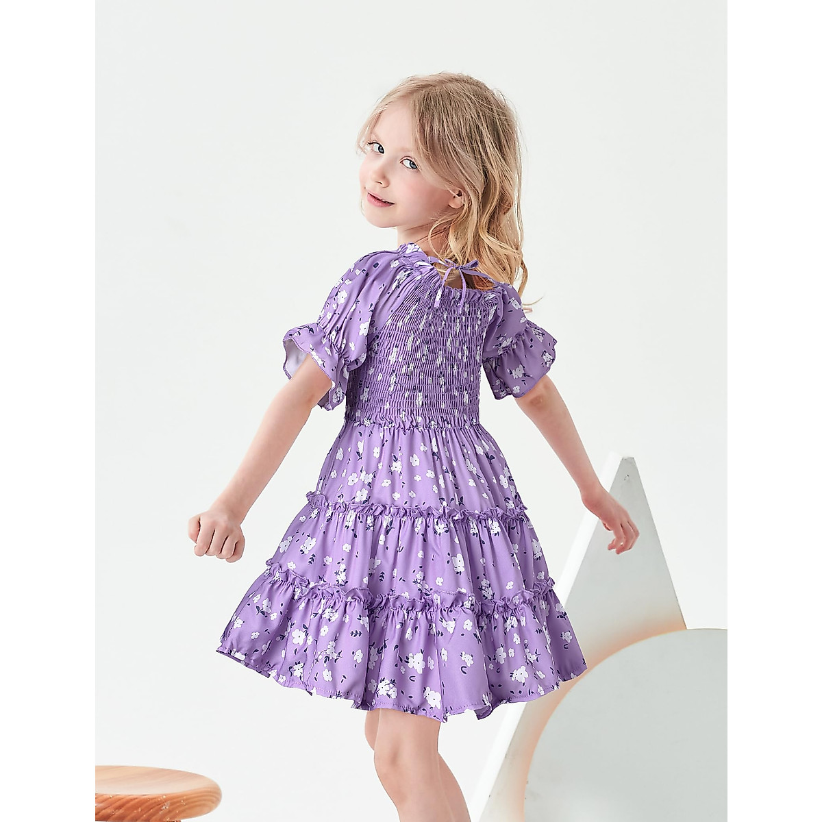 Purple Toddler Girl Dress Square Neck Puff Sleeve A-Line Toddler Floral Dresses Summer Dresses for Toddler Girls 5T 6T Dress