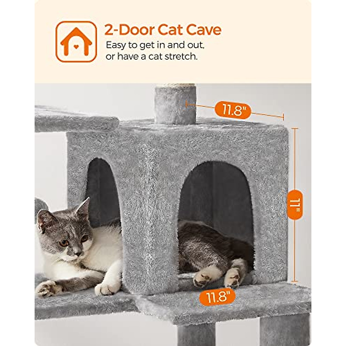 Feandrea Cat Tree, Cat Tower, Cat Condo with Scratching Posts, Hammock, Plush Perch, Cat Activity Center, Light Gray UPCT161W01