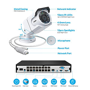ZOSI 24CH 4K PoE Security Camera System with 4TB HDD,16pcs 8MP Outdoor Audio IP Cameras,Night Vision,Person Vehicle Detection,Smart Light Siren,Dual Disk Backup,4K 16 Port 24CH NVR for 24/7 Recording