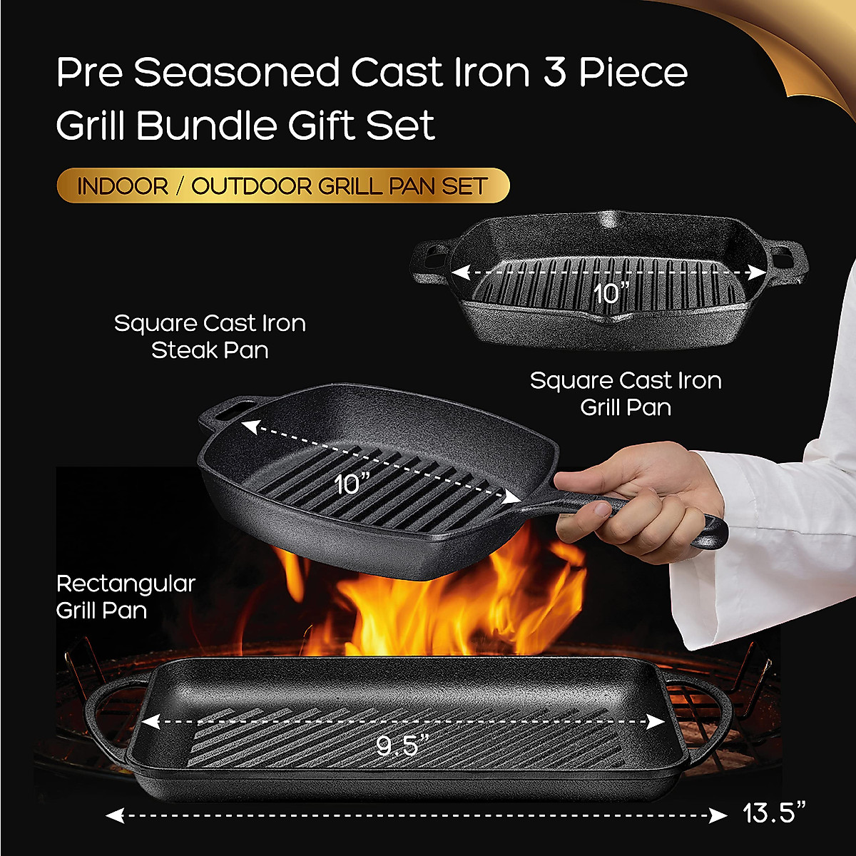 Bruntmor Pre Seasoned Cast Iron 3 Piece Grill Bundle Gift Set, Rectangular grill Pan, Grill Skillet, Square Grill Pan, Camping Cookware Set