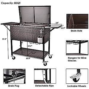 Grepatio 80 Quart Rattan Rolling Cooler Cart, Portable Wicker Cooler Trolley, Beverage for Patio Pool Party, Ice Chest with Cutting Board, Bottle Opener, Cap Catch and Cover (Single Top - Brown)
