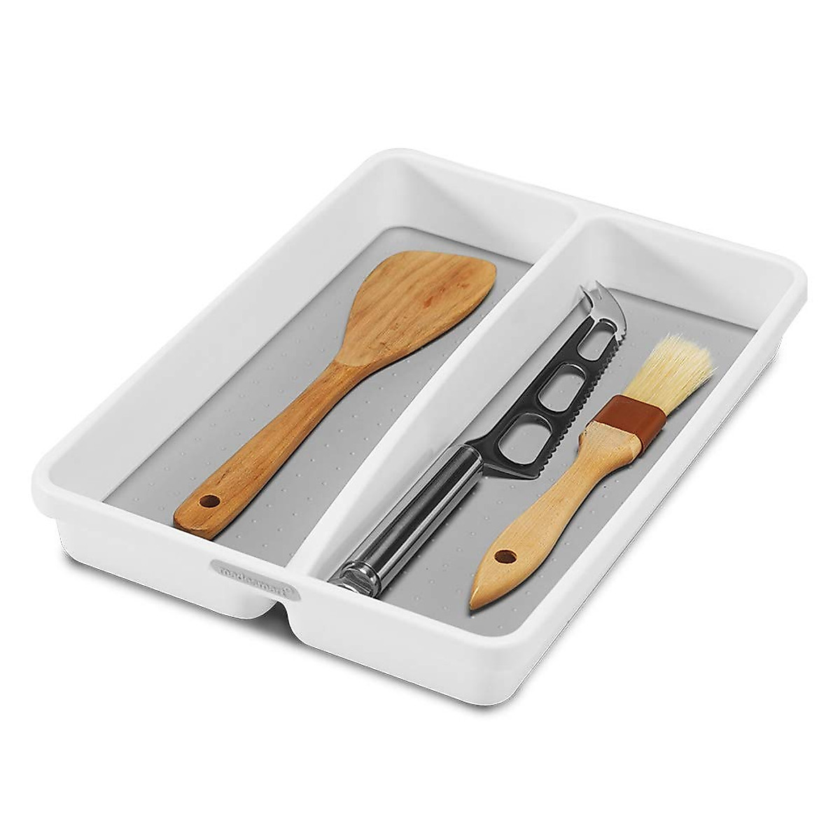 madesmart Mini Silverware Tray, White & Classic Mini Utensil Tray, Soft Grip, Non-Slip Kitchen Drawer Organizer, 2 Compartments, Multi-Purpose Home Organization, BPA Free, White
