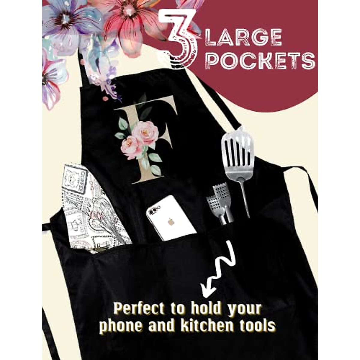 Initial Black Apron for Women with Pockets, Kitchen Cooking Gardening Cute Apron Gifts for Her, Chef, Mom, Artists, Hair Stylists, Funny Gifts for Women, Friends, Sisters, Grandma - C