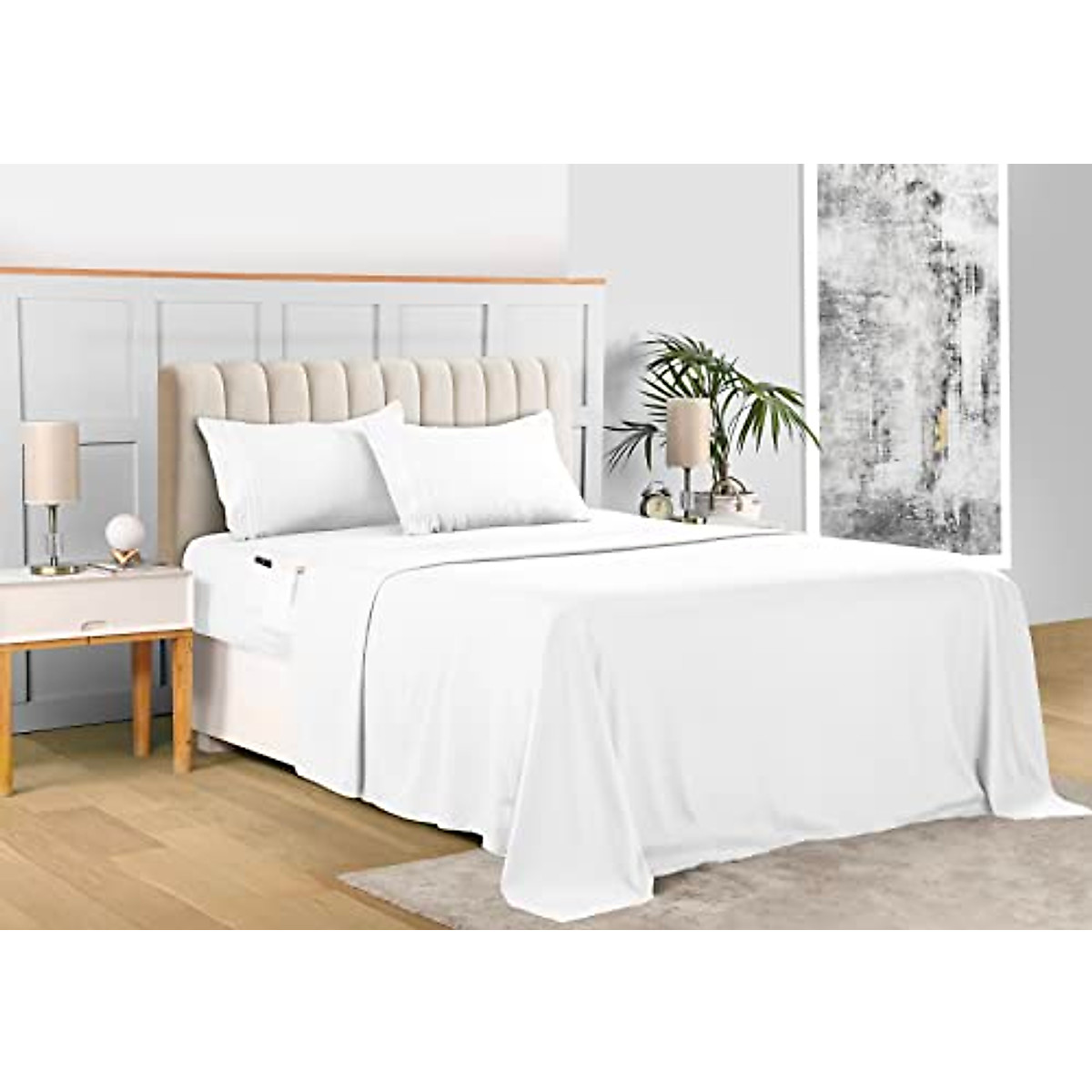 Utopia Bedding Queen Sheet Set – Soft Microfiber 4 Piece Luxury Bed Sheets with Deep Pockets - Embroidered Pillow Cases - Side Storage Pocket Fitted Sheet - Flat Sheet (White)