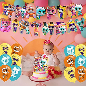 OUDINI Super Kitties birthday party supplies,Super Kitties including cake topper, cupcake toppers, Banner, Latex Balloons,It is very suitable for boy's and girl birthday party supplies., Blue