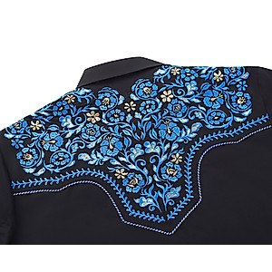 SALVAJE OESTE Western Embroidered Cowboy Shirts for Men, Casual Button Down Long Sleeve Shirt Floral Design Retro Shirt Black-Royal Blue