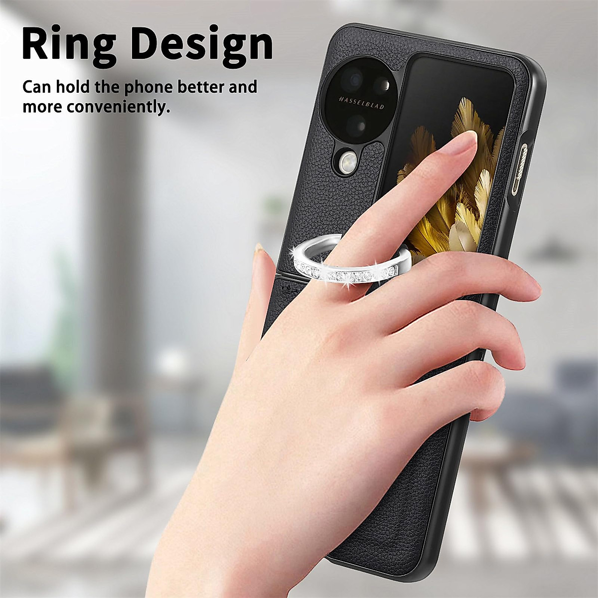 CCSmall Oppo Find N3 Flip Slim PU Leather Protective Cover Case with Ring, Black