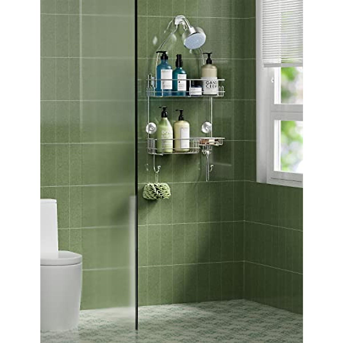 SHAPON Shower Caddy Hanging Over Shower Head Organizer, SUS202 Stainless Steel Rustproof Shower Shelf Organizer, Storage Rack for Bathroom and Shower Room, Silver