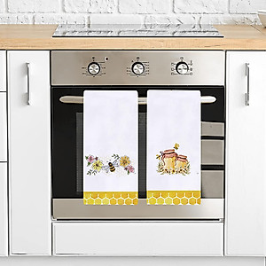 Watercolor Bee Flowers Kitchen Dish Towel 18 x 28 Inch, Honey Jar Summer Towels Dish Cloth for Cooking Baking Set of 2