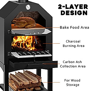 Waleaf Outdoor Pizza Oven, Wood Fired Pizza Oven for Outside with Grill, 12 in Pizza Stone and Wheels, Pizza Maker Camping Cooker with 2 Layer Steel for Backyard Party