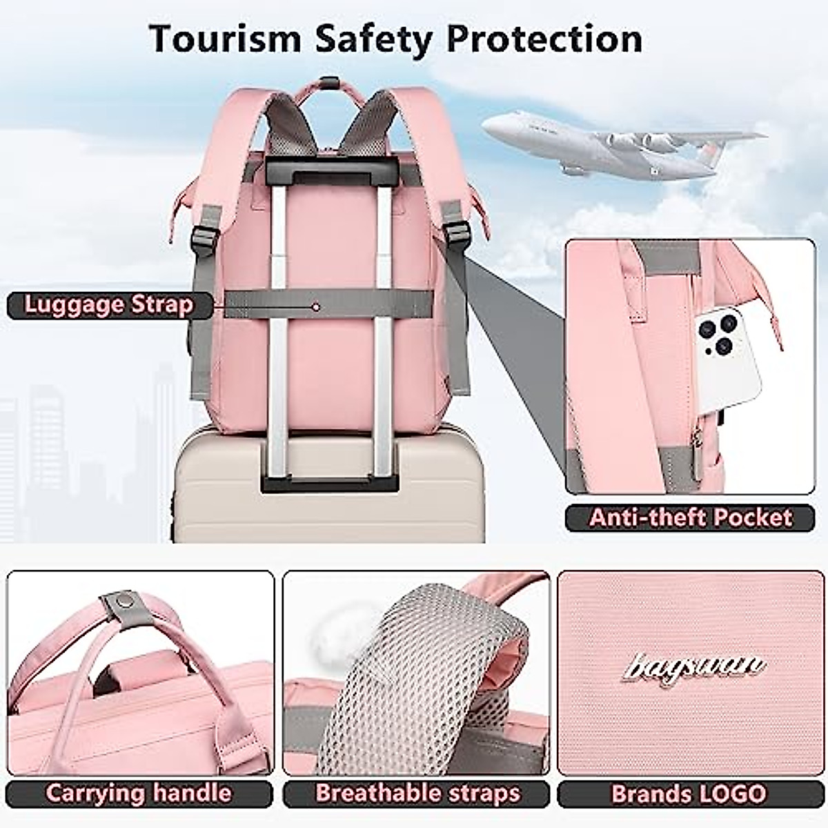 Laptop Backpack Travel Women Bag- 15.6 Inch Computer Backpack Anti Theft Daypack Casual School Bag College Backpack Teacher Nurse Work Book bags with USB Charger for Teens Girls Women Students Pink