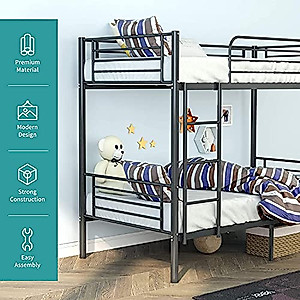 Metal Bunk Bed Twin Over Twin, Heavy Duty Bed Frames with Safety Guard Rails, Metal Slats for Kids, Teens, Adults, No Box Spring Needed Black