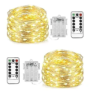 Homemory 2 Pack Each 20 Ft 60 LED Short Fairy Lights Battery Operated Christmas String Lights with Remote, Waterproof 8 Modes Firefly Twinkle Lights for Christmas Tree, Wreath Decor