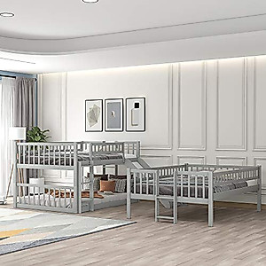 BOVZA Triple Bunk Bed with Slide, Full Over Full Over Full Wood Floor Bunk Bed with Built-in Ladder and Guardrails, 3 Bunk Beds for Kids Teens Adults, Gray