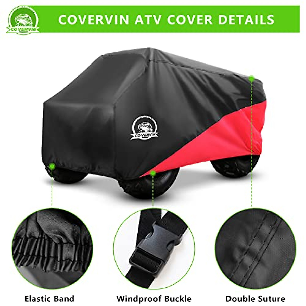 COVERVIN ATV Cover, Heavy-Duty Waterproof Oxford Fabric Protective 4 Wheeler Quad Cover Durable All-Weather, for 82-Inch Most Four-Axle Vehicles,Kawasaki Honda Polaris Yamaha (XL, Red)
