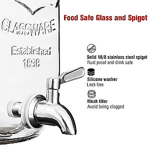 Mustry Glass Drink Dispenser for Parties, 1 Gallon Beverage Dispenser with Spigot Solid Stainless Steel, Used as Lemonade Dispenser Sun Tea Jar Kombucha Jar