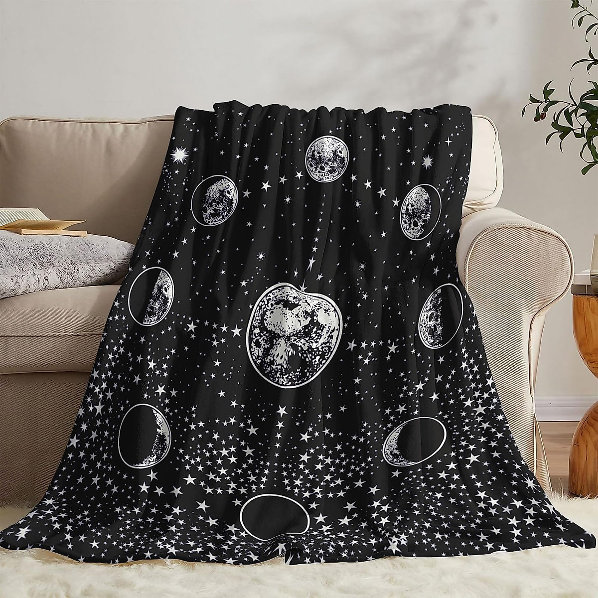 kampdream Moon Phase Black and White Fleece Throw Blanket, Starry Night Sky Mysterious Stars Mystic Astrology Cozy Nap Blankets Gift for Teens Boys Sofa Bed Couch Chair or Dorm Throws 40×50 inches