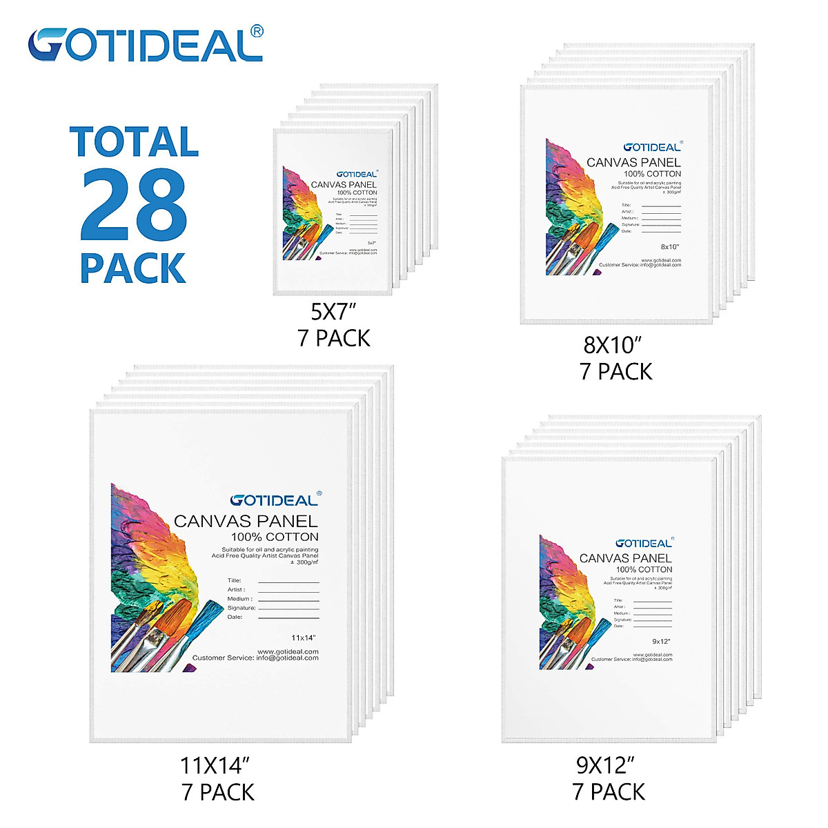 GOTIDEAL Canvas Boards for Painting Multi Pack, Primed 5x7", 8x10", 9x12", 11x14" Set of 28, White Blank Canvas Panel- 100% Cotton Artist Canvases Pack for Painting, Acrylic Paint, Oil, Watercolor