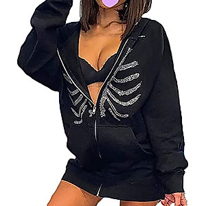 Creaion Rhinestone Graphic Zip Up Hoodies for Women Y2k Oversized Skeleton Print Sweatshirt Jacket E-Girl 90s Pullover Streetwear