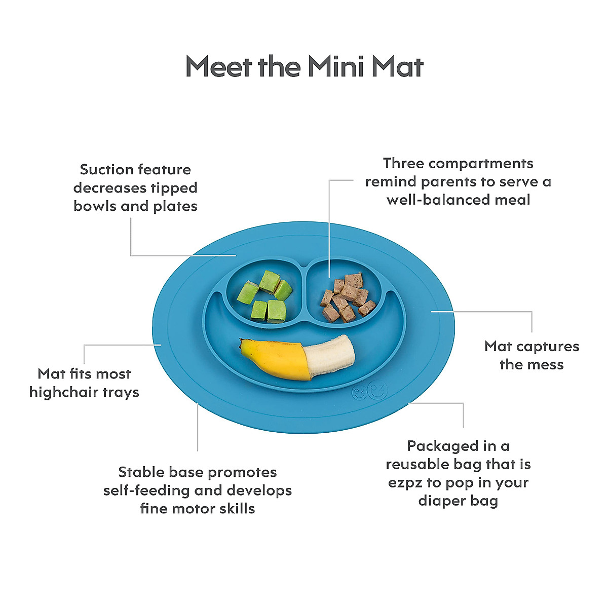 ezpz Mini Collection Set (Blue) - 100% Silicone Cup + Straw, Fork, Spoon & Mini Mat Suction Plate with Built-in Placemat for Infants + Toddlers - First Foods + Self-Feeding - 12 Months+