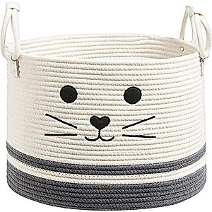 Large Woven Cotton Rope Storage Basket Baby Laundry Basket Blanket Basket with Handles Nursery Cat Basket for Toys Gifts