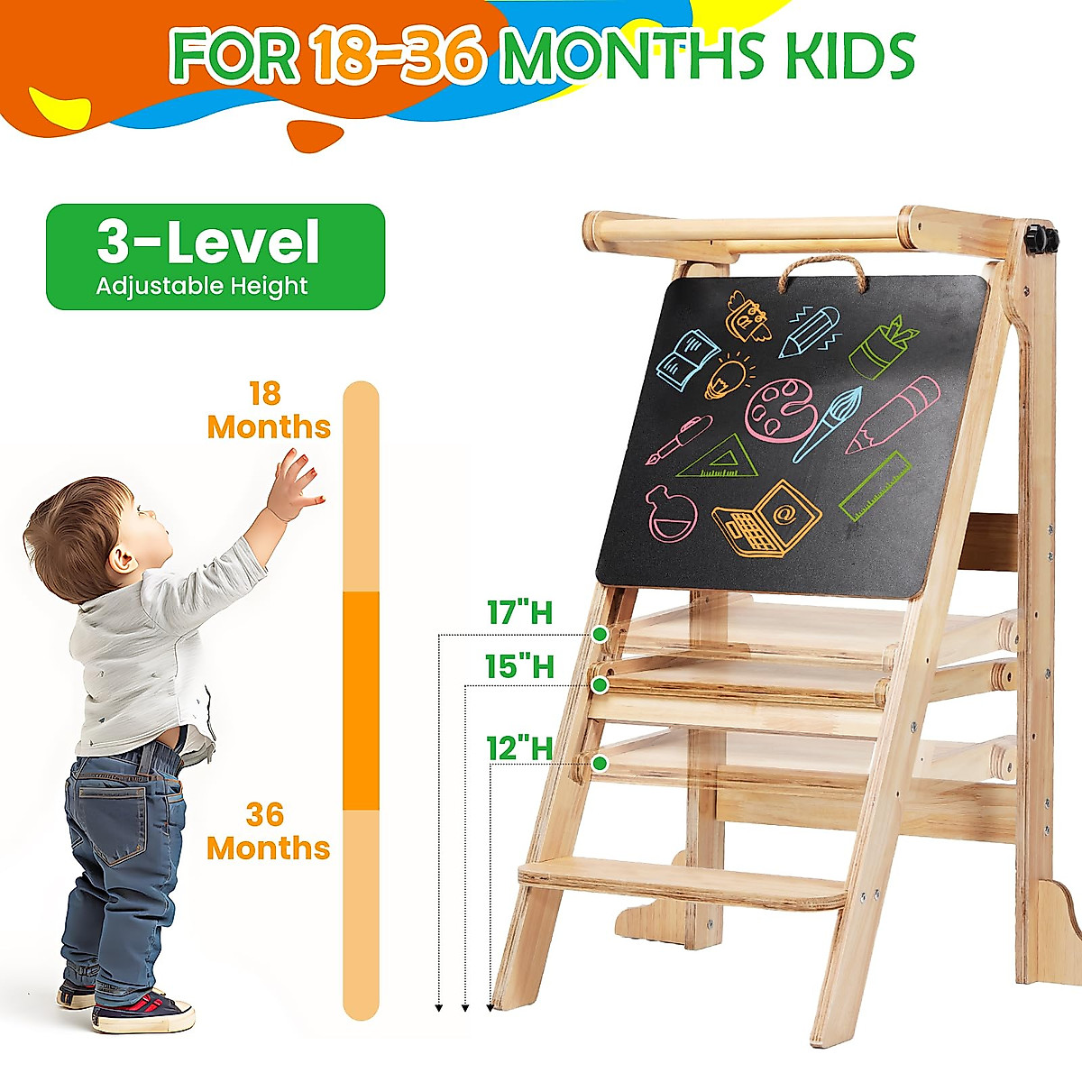 Toddler Tower Foldable - Kids Kitchen Step Stool with 3 Adjustable Heights & Safety Rail, Montessori Tower with Chalkboard for Learning, Standing Tower Helper Stool for Kitchen Counter Sink (Natural)