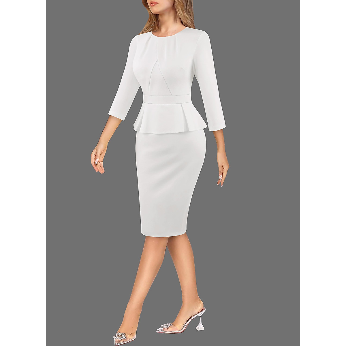 VFSHOW Womens Off-White Ivory Spring Fall Pleated Crew Neck Peplum Work Business Office Bodycon Pencil Sheath Dress 3587 WHT M