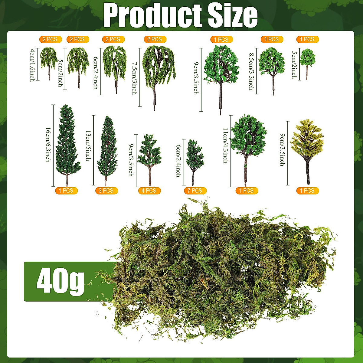 Tigeen 28 Pcs Model Trees 1.6-6.3 inch Mixed Model with 1.4 Ounce Faux Green Moss Decor Tree Train Scenery Architecture Trees for DIY Crafts, Building Model, Scenery Landscape (Natural Green)