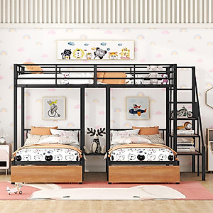 Bellemave Triple Bunk Bed with Storage Stairs, Metal Full Over Twin & Twin Bunk Beds, Detachable Bunk Bed for 3 Kids with Storage Shelf for Three Boys Girls Teens, Black