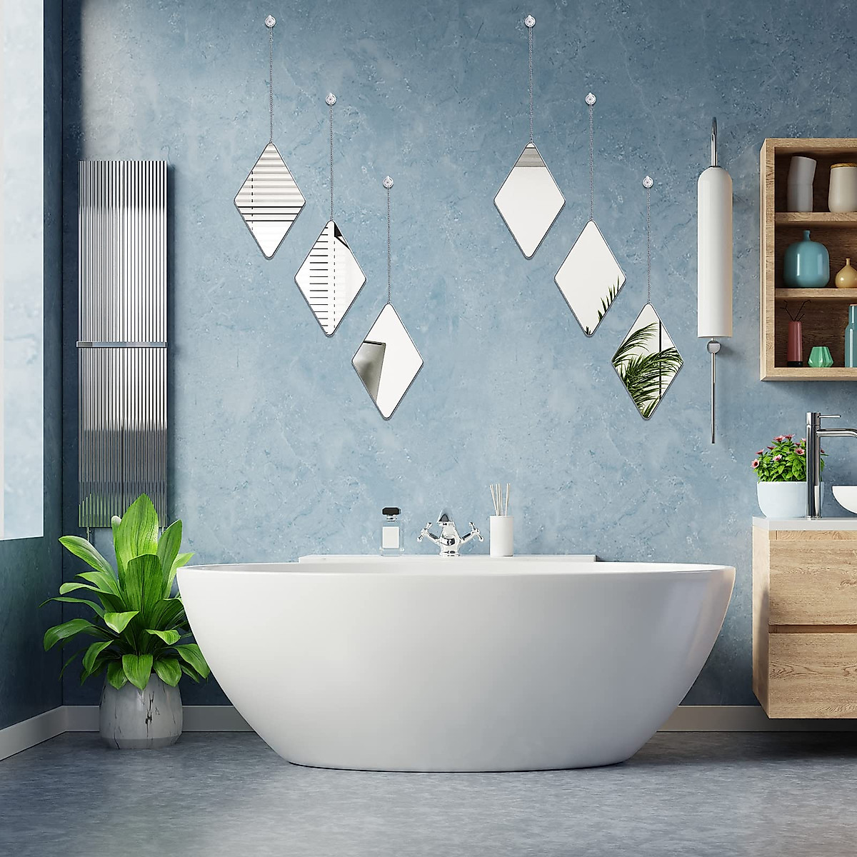 6 Pack Mirror Wall Decor Set with 2 Screwdriver Diamond Hanging Wall Mirror with Chain Silver Frame Decorative Chain Mirror for Home Living Room Entryways Bathroom Farmhouse Wall Decor, 10.8x6.7inches