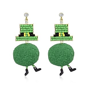 LILIE&WHITE St. Patrick's Earrings For Women Green Dancing Leprechaun Dangle Earrings Gift for Girls Jewelry Gift Irish Shamrock Drop Earrings Bead and Pom Pom Irish St. Patrick's day Jewelry