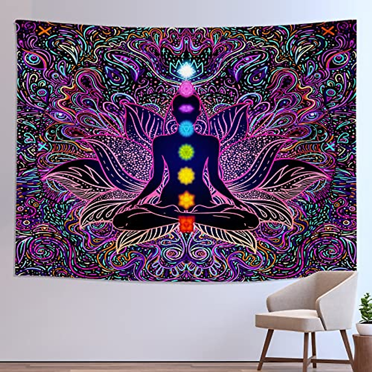 VEEMONIK Blacklight Chakras Tapestry, Spiritual Tapestry Yoga Meditation Hippie Tapestries Wall Hanging, Buddha UV Reactive Tapestry for Bedroom Aesthetic - 51x59 inches