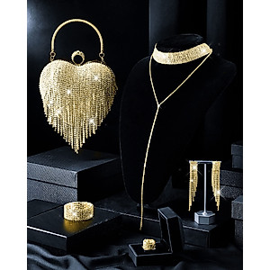 MTLEE 5 Pcs Heart Purse Rhinestone Tassel Evening Clutch Bag Valentine's Day Jewelry Set for Women Wedding Dinner (Gold)