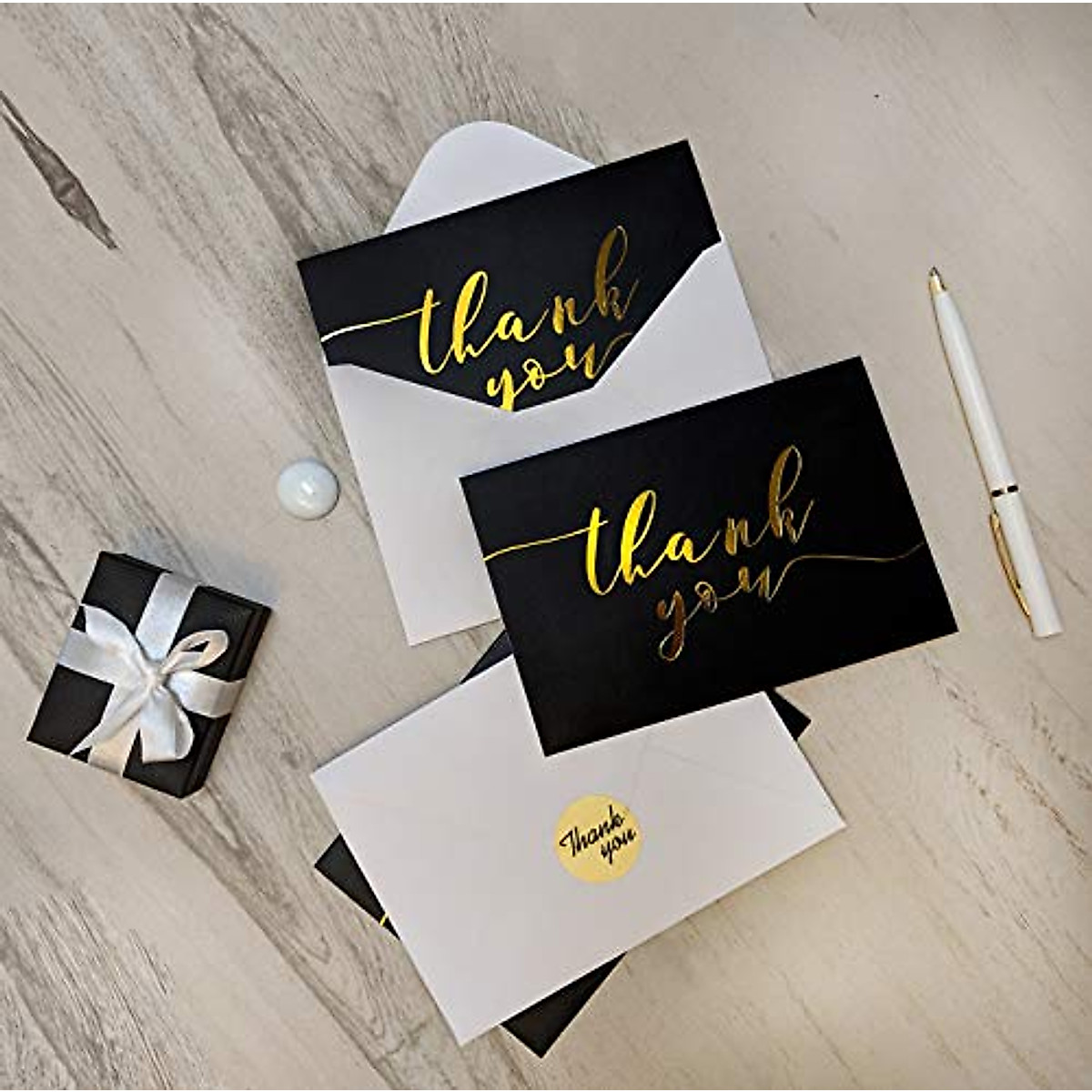 100 Thank You Cards in Black with Envelopes and Stickers - Quality Elegant Bulk Notes Embossed with Gold Foil Letters for Weddings, Graduations, Engagements, Business, Formal, Funeral, 4x6