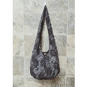 BTP! Thai Cotton Hippie Hobo Sling Crossbody Bag eco Friendly Shopping bag Paisley Print Large (Black PL3)