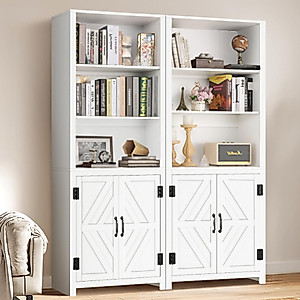 SEJOV Bookshelf 5 Tier Tall Bookcase with Doors Storage and 3-Tier Open Shelves Wood Farmhouse Bookshelves Cabinet Organizer for Living Room, Study, Kitchen, Home Office, White