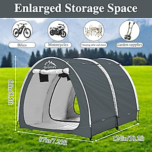 Gromay Outdoor Bike Storage Shed Tent, 10x7.3FT Large 2 in 1 Bicycle Cover Double Doors Portable Motorcycle Tent PU4000 Waterproof 3 Layers Silver Coated Oxford Cover Foldable Garden Tools Shelter