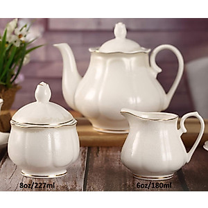 GUANGYANG GY 15-pcs Lotus Shape Porcelain Tea set with 7oz 6 Tea Cups and 6 Saucers,1 Teapot Sugar Bowl,1 Cream Pitcher,White